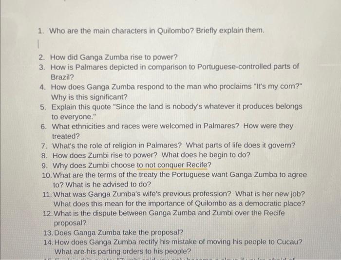 1. Who are the main characters in Quilombo? Briefly | Chegg.com