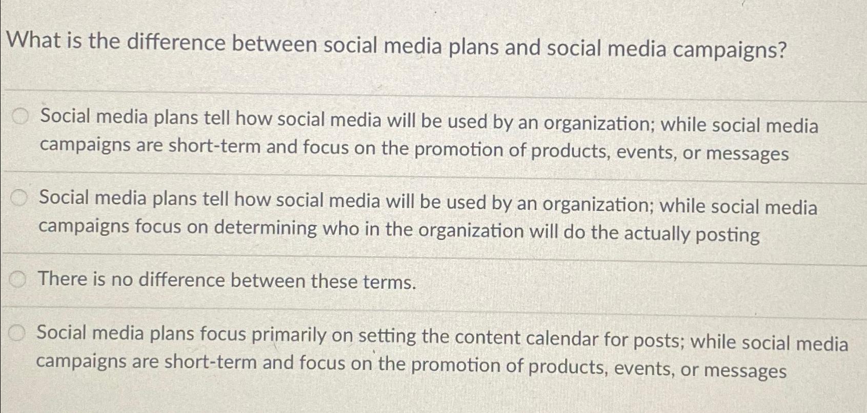 Solved What is the difference between social media plans and | Chegg.com