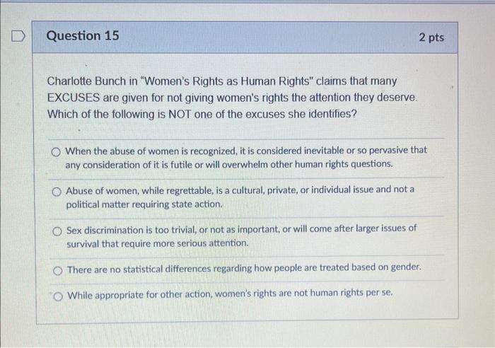 Charlotte Bunch in "Women's Rights as Human Rights" | Chegg.com