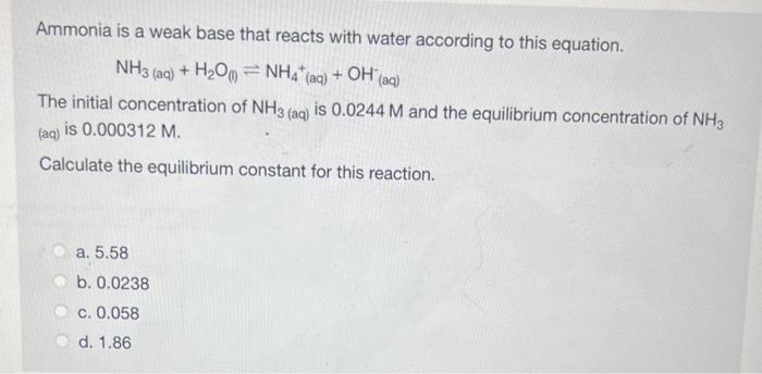 Solved Ammonia is a weak base that reacts with water | Chegg.com