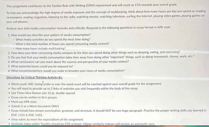 This assignment contributes to the Gordon Rule with | Chegg.com