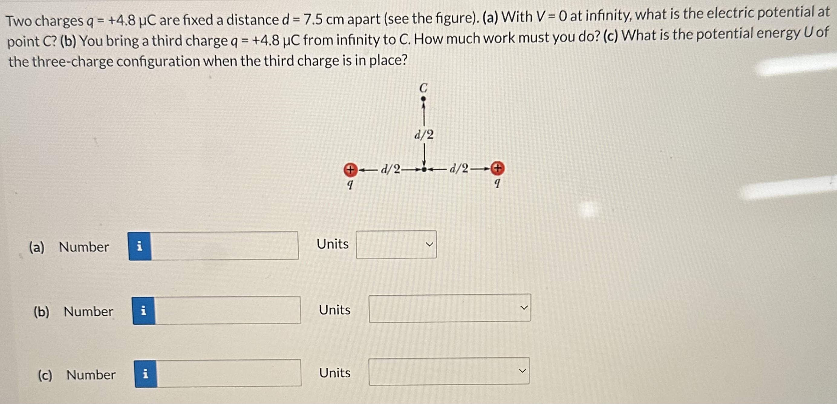Solved Two charges q=+4.8μC ﻿are fixed a distance d=7.5cm | Chegg.com