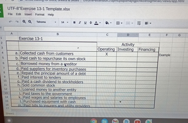 Solved UTF-8"Exercise 13-1 ﻿Template.xlsxFile Edit Insert | Chegg.com