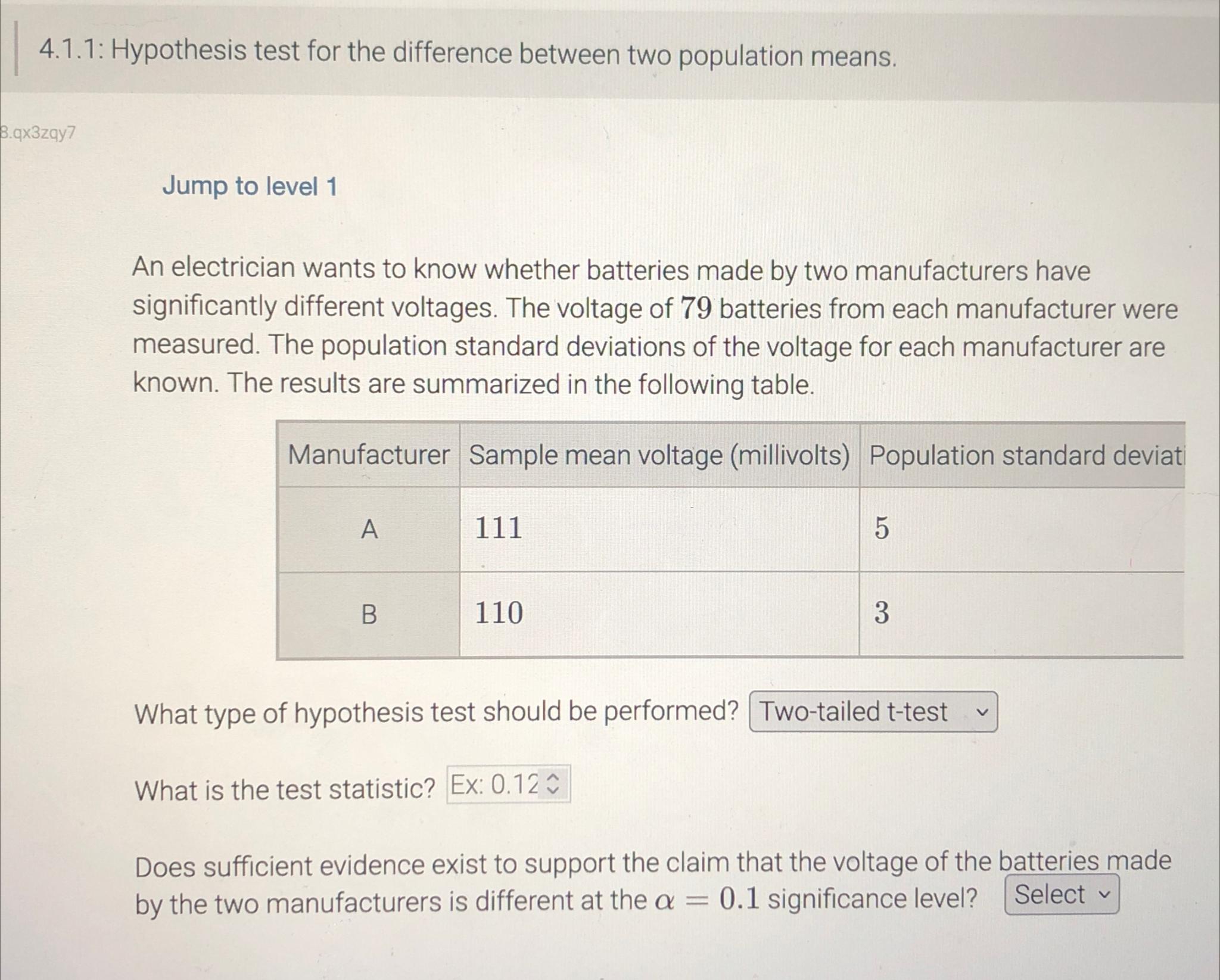 Solved 4.1.1: Hypothesis test for the difference between two | Chegg.com