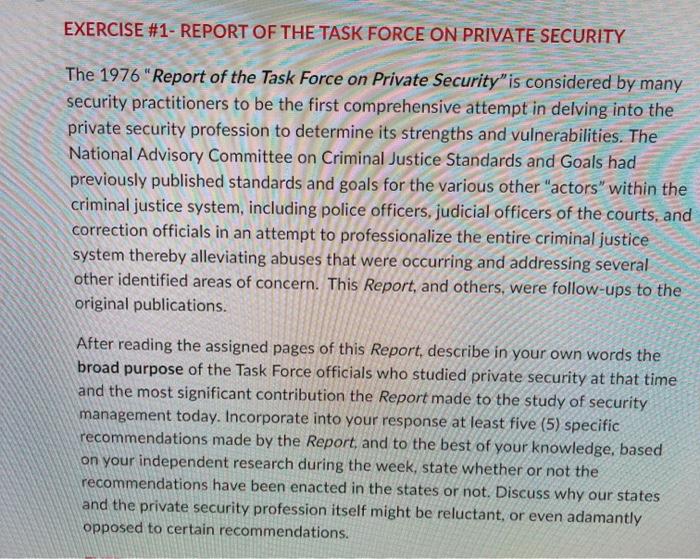 Solved EXERCISE #1- REPORT OF THE TASK FORCE ON PRIVATE | Chegg.com