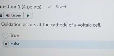 Solved uestion 1 (4 ﻿points) ﻿SavedOxidation occurs at the | Chegg.com