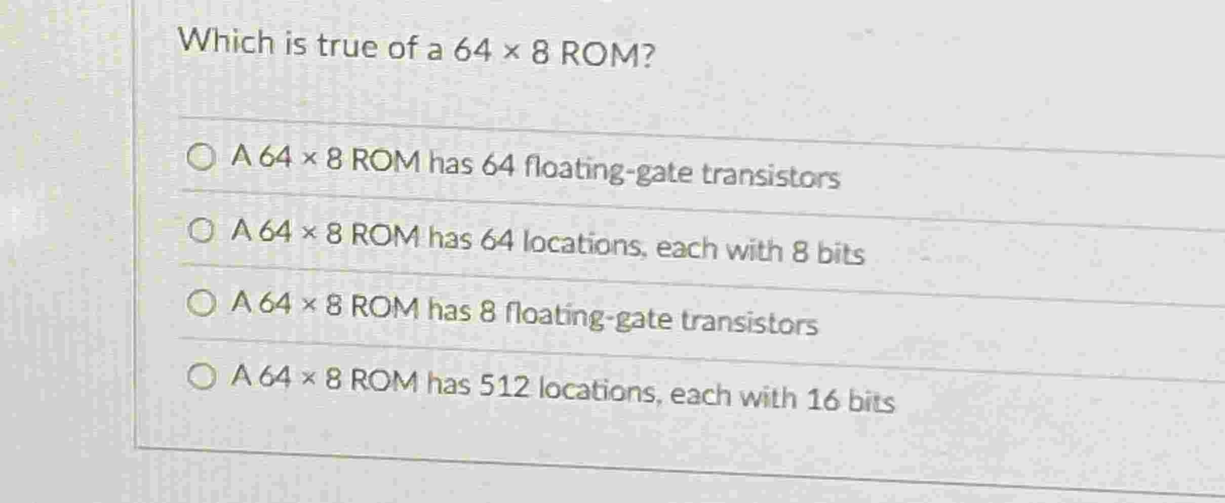 Solved Which is ﻿true of a 64×8 ﻿ROM?A 64×8 ﻿ROM has 64 | Chegg.com