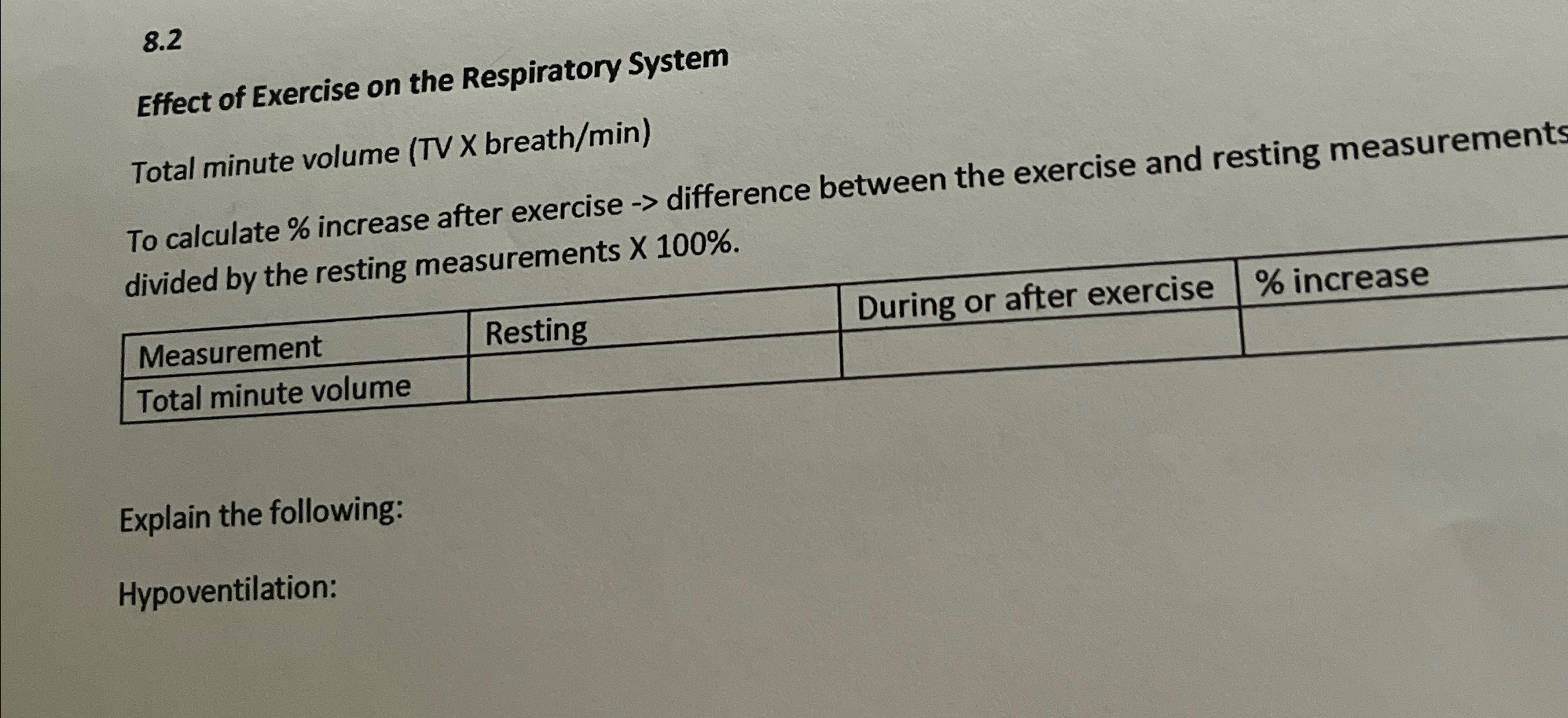 Solved 8.2Effect of Exercise on the Respiratory SystemTotal | Chegg.com