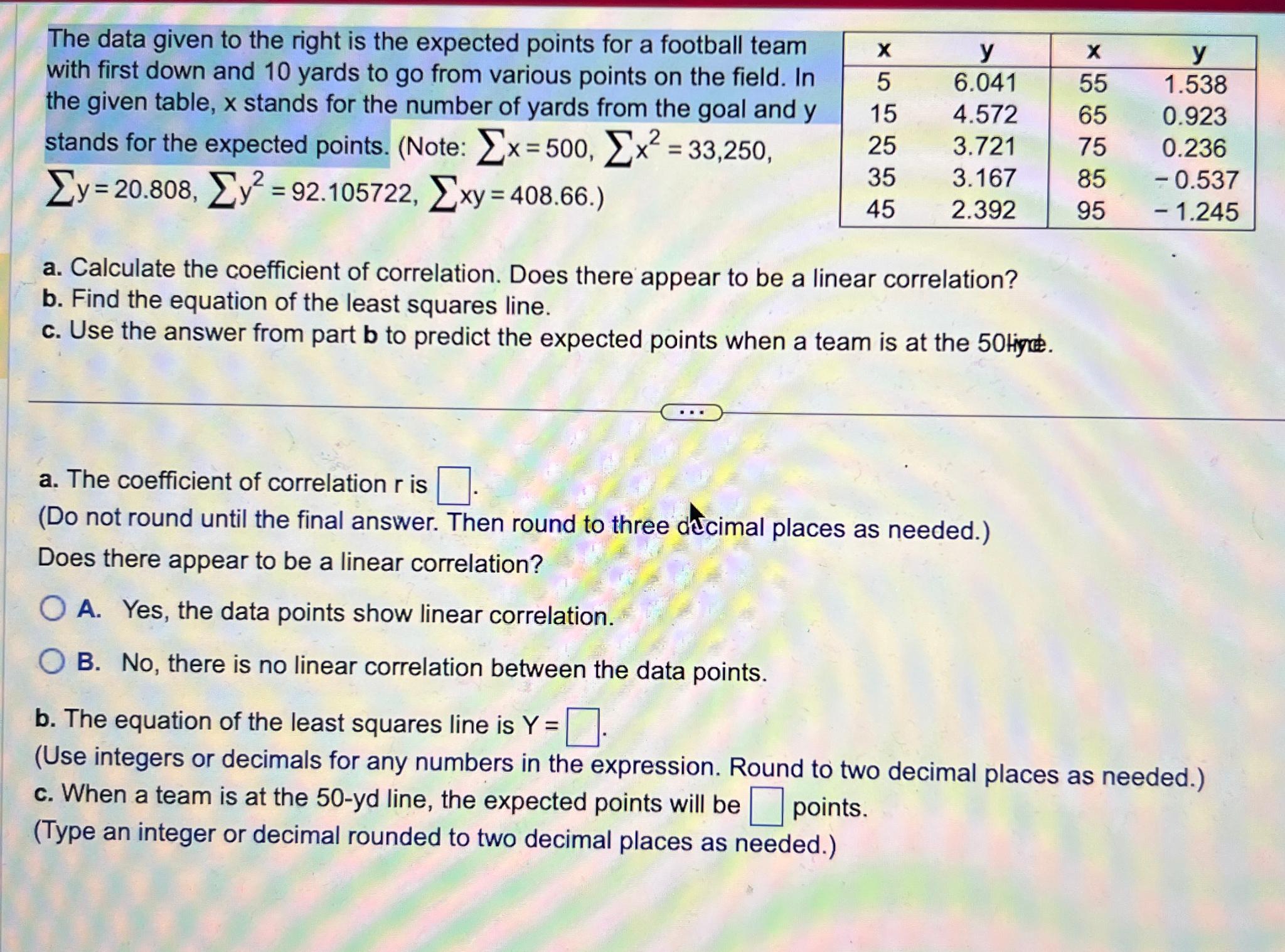 Solved The data given to the right is the expected points | Chegg.com