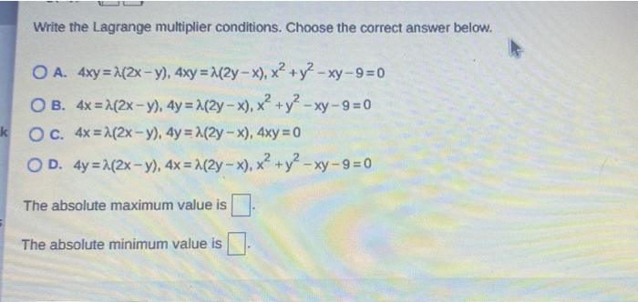 Solved The function fixy) = 4xy has an absolute maximum | Chegg.com