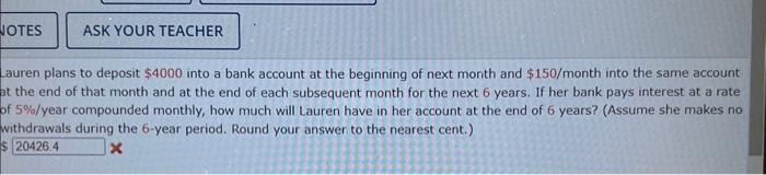 Solved auren plans to deposit $4000 into a bank account at | Chegg.com