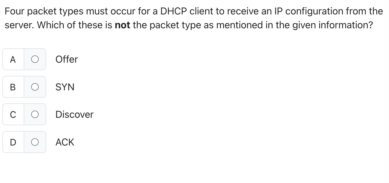 Solved Four packet types must occur for a DHCP client to | Chegg.com