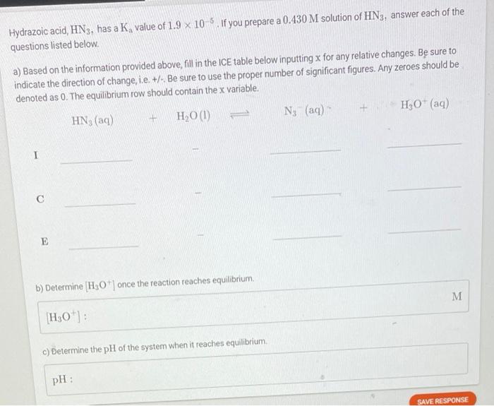 Solved Hydrazoic acid, HN3, has a K, value of 1.9 10 if you | Chegg.com