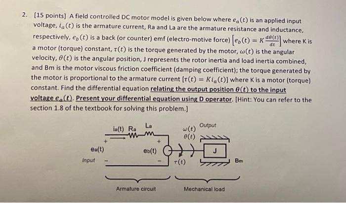 Solved 2. [15 points] A field controlled DC motor model is | Chegg.com