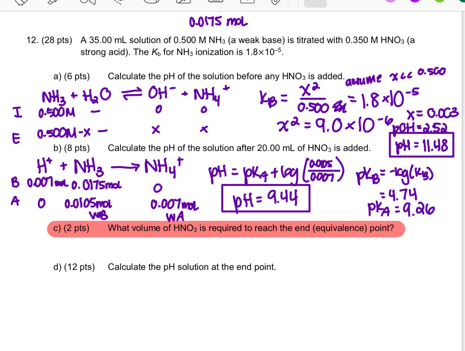 Solved 0.0175mol12. (28 ﻿pts) ﻿A 35.00mL ﻿solution of | Chegg.com