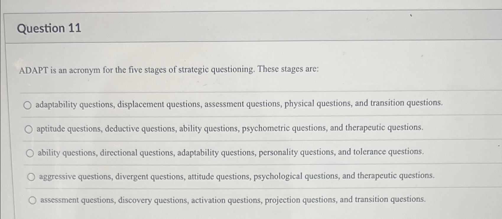 Solved Question 11ADAPT is an acronym for the five stages of | Chegg.com
