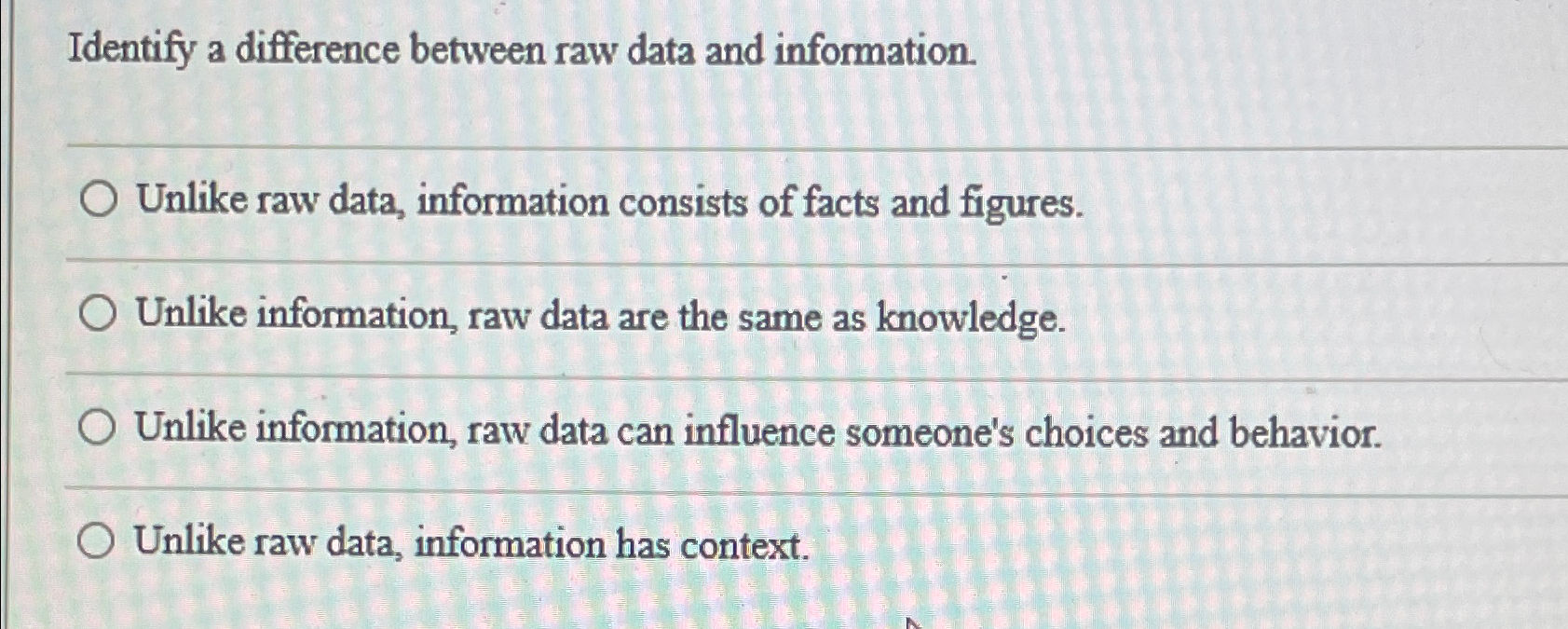 Solved Identify a difference between raw data and | Chegg.com