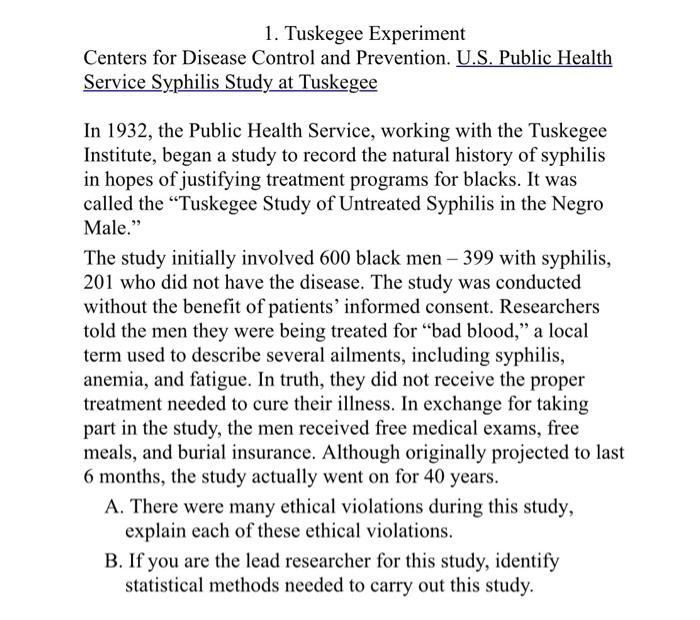 Solved 1. Tuskegee Experiment Centers for Disease Control | Chegg.com