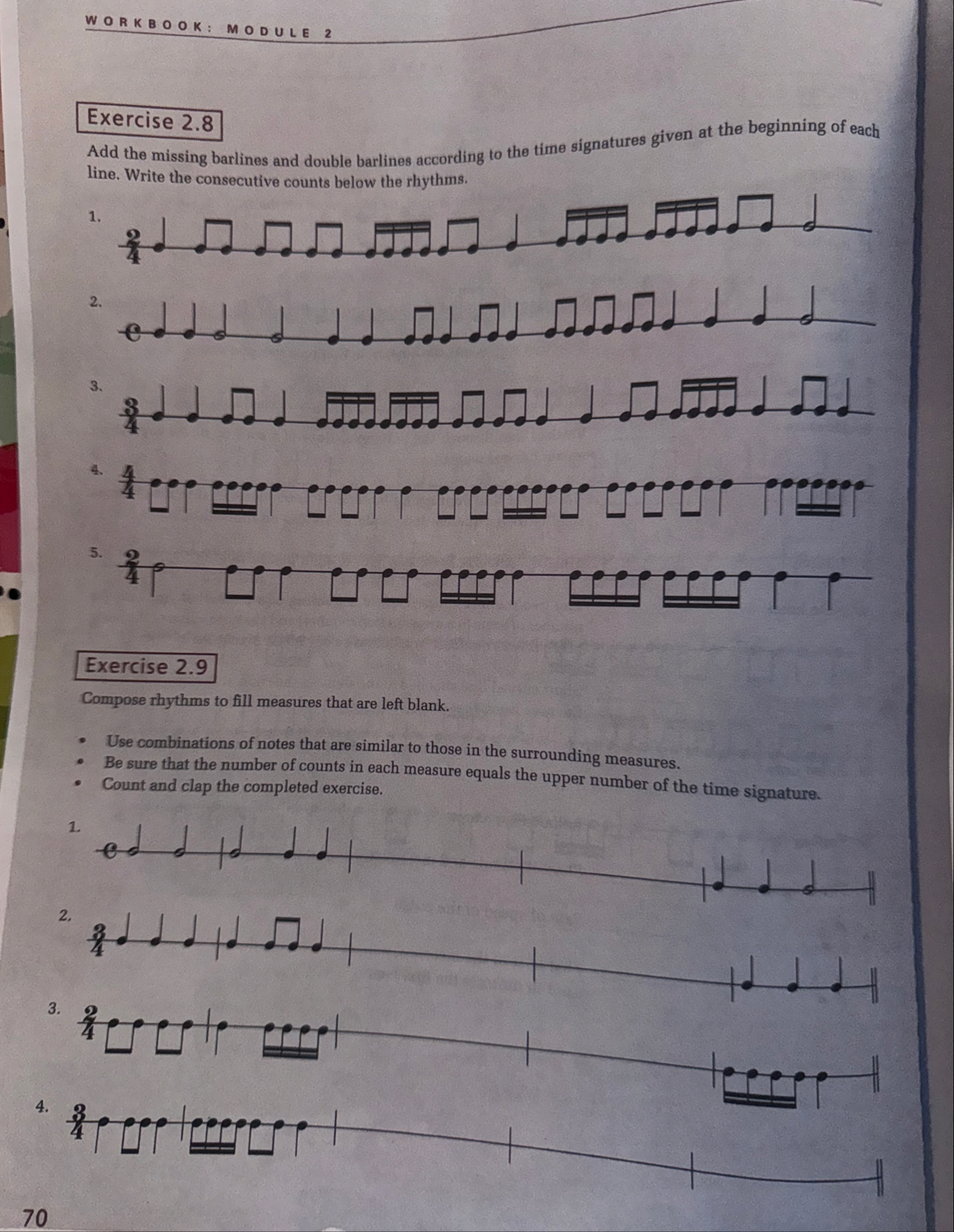 WORKBOOK: MODULE?Exercise 2.8Add the missing barlines | Chegg.com
