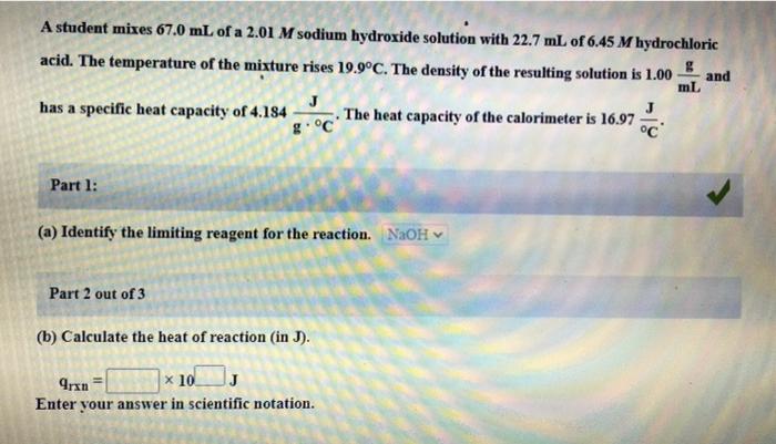 Solved g A student mixes 67.0 mL of a 2.01 M sodium | Chegg.com