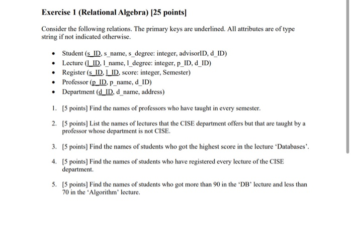 Exercise 1 (Relational Algebra) (25 points) Consider | Chegg.com