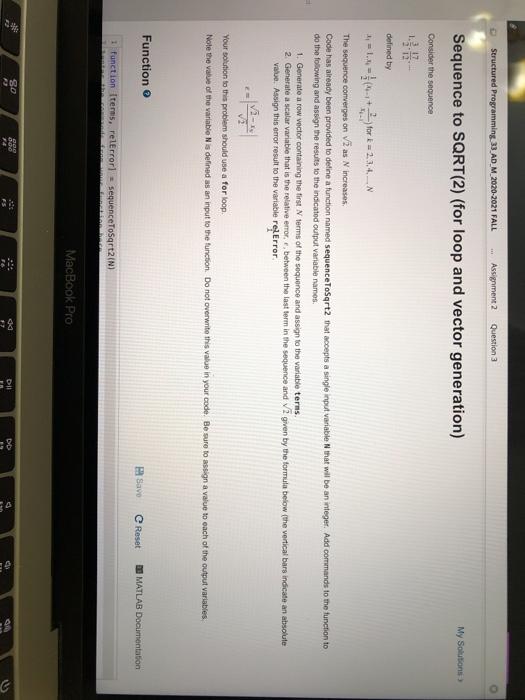 Sequence to SQRT(2) (for loop and vector generation) | Chegg.com