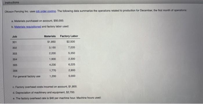 Solved Ottoson Fencing inc. uses job ordet eosting. The | Chegg.com