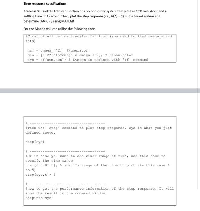 Solved Time response specifications Problem 3: Find the | Chegg.com