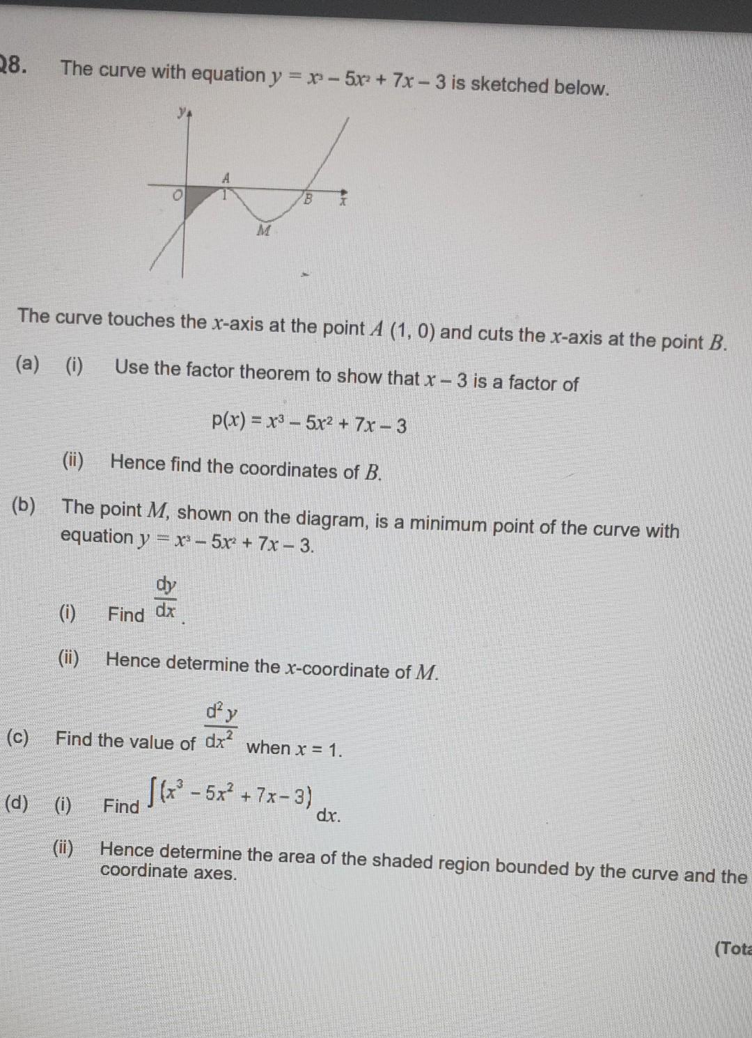 Solved 28. The curve with equation y=x3−5x2+7x−3 is sketched | Chegg.com
