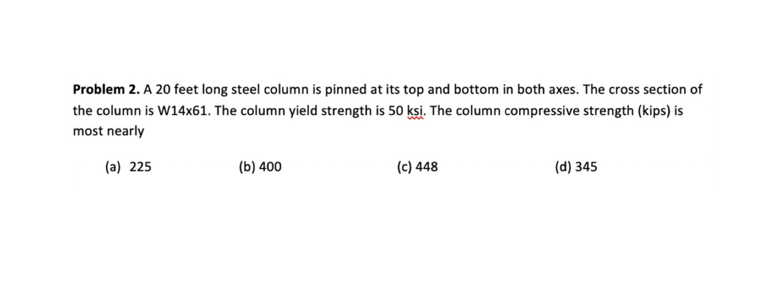 Solved Problem 2. ﻿A 20 ﻿feet long steel column is pinned at | Chegg.com