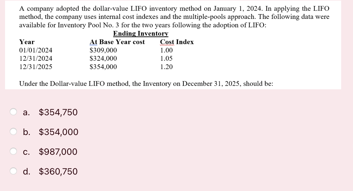 Solved A company adopted the dollar-value LIFO inventory | Chegg.com