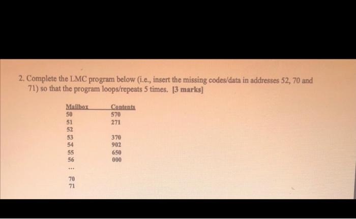 Solved 2. Complete the LMC program below (i.c., insert the | Chegg.com