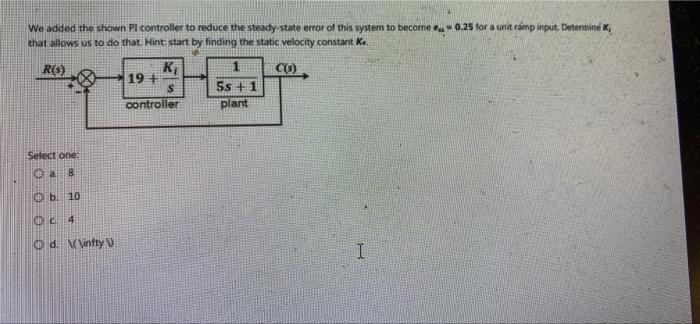 Solved We added the shown Pl controller to reduce the steady | Chegg.com