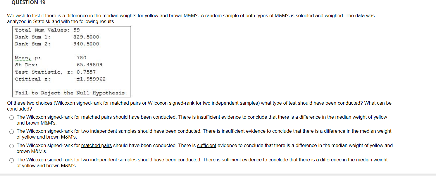 Solved QUESTION 19analyzed in Statdisk and with the | Chegg.com