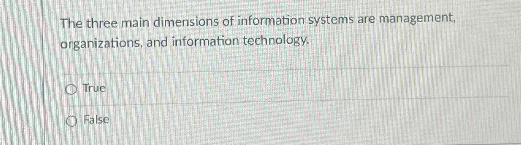 Solved The three main dimensions of information systems are | Chegg.com