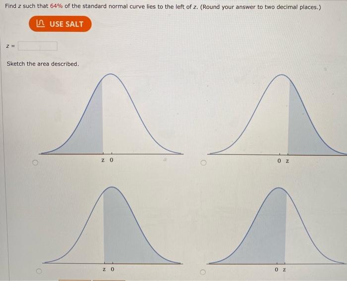 Solved Find z such that 64% of the standard normal curve | Chegg.com