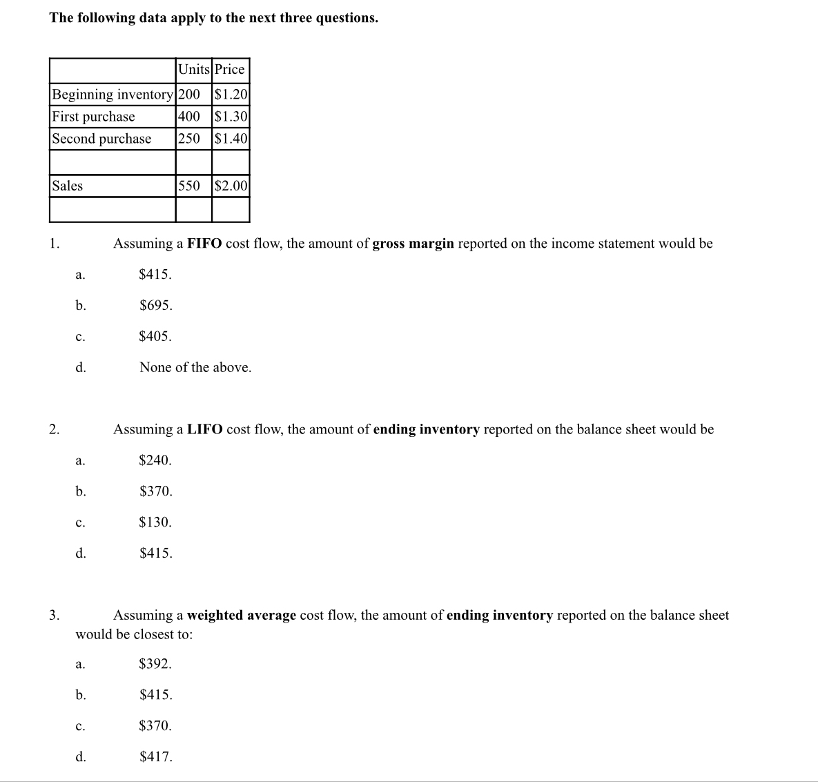Solved The following data apply to the next three | Chegg.com