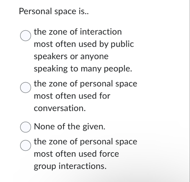 Solved Personal space is..the zone of interaction most often | Chegg.com