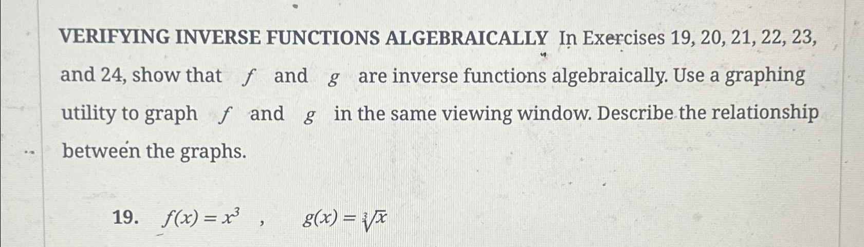 Solved VERIFYING INVERSE FUNCTIONS ALGEBRAICALLY In | Chegg.com