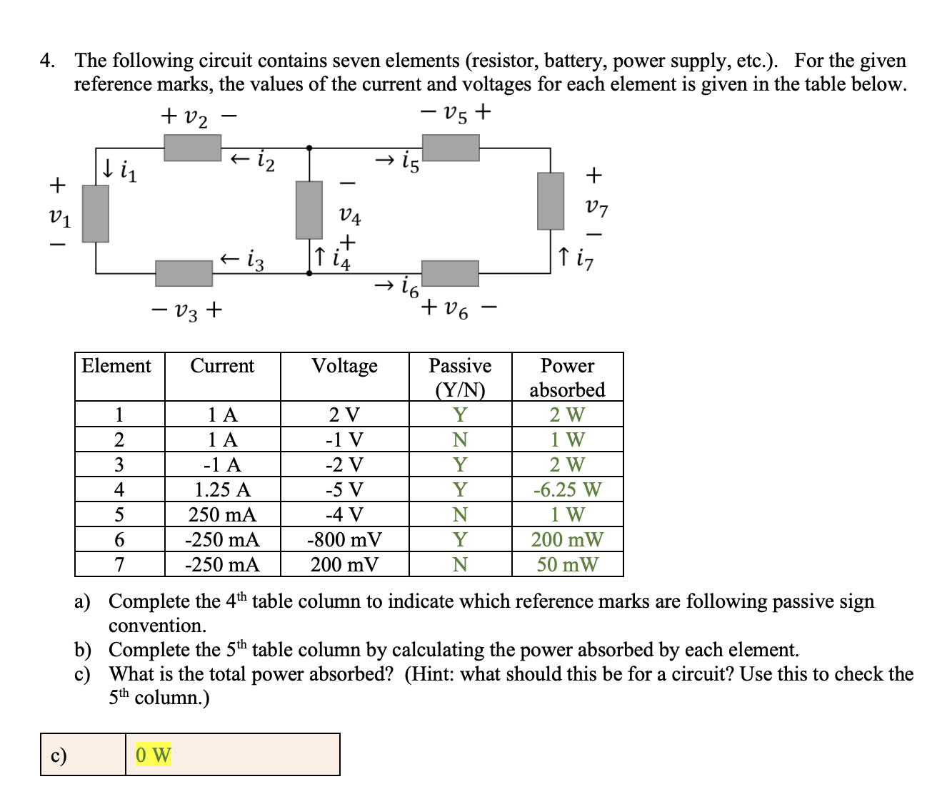 Solved 4. ﻿The following circuit contains seven elements | Chegg.com