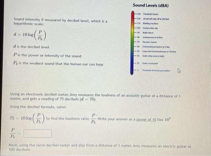 Solved Sound Levels (dBA) Sound intensity if measured by | Chegg.com