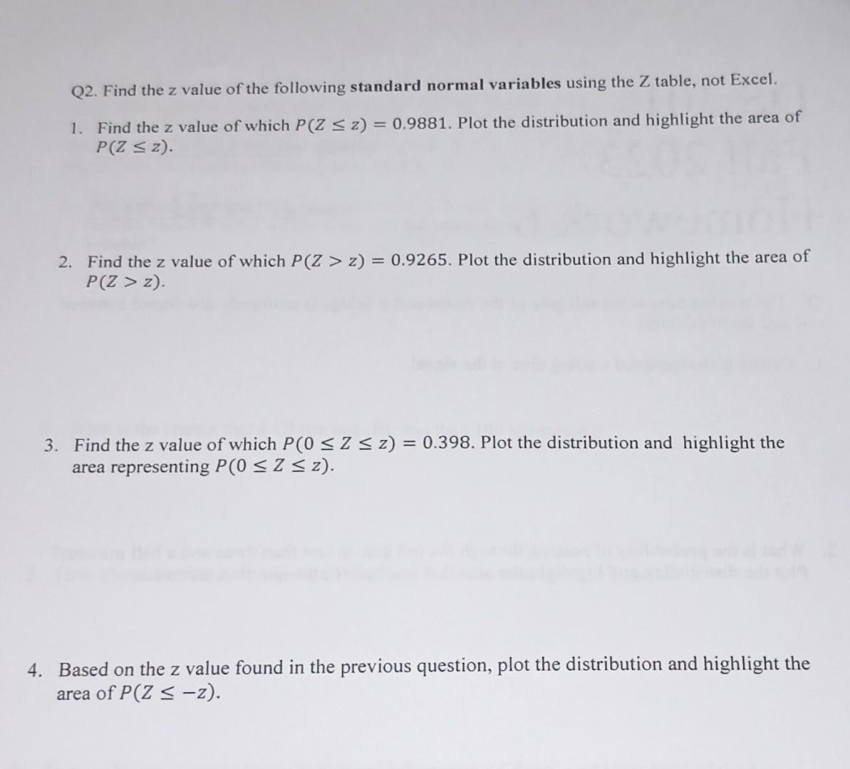 Solved Q2. Find the z value of the following standard normal | Chegg.com