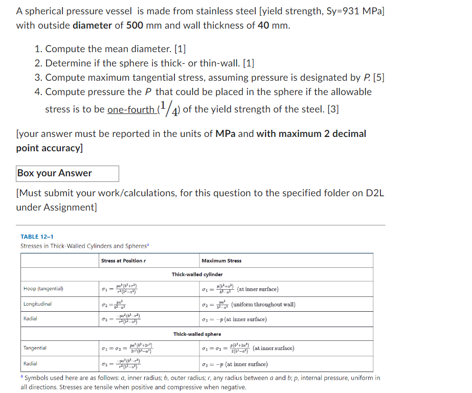 Solved A spherical pressure vessel is made from stainless | Chegg.com