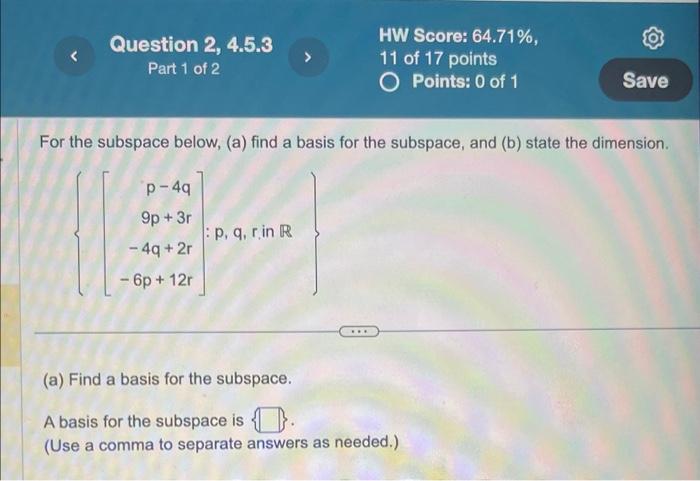 Solved For the subspace below, (a) find a basis for the | Chegg.com