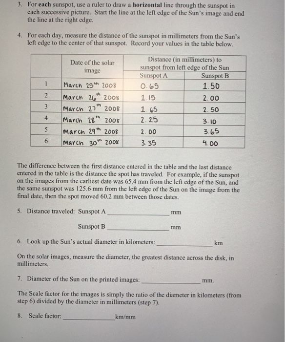 Solved 3 For Each Sunspot Use A Ruler To Draw A Horizontal 