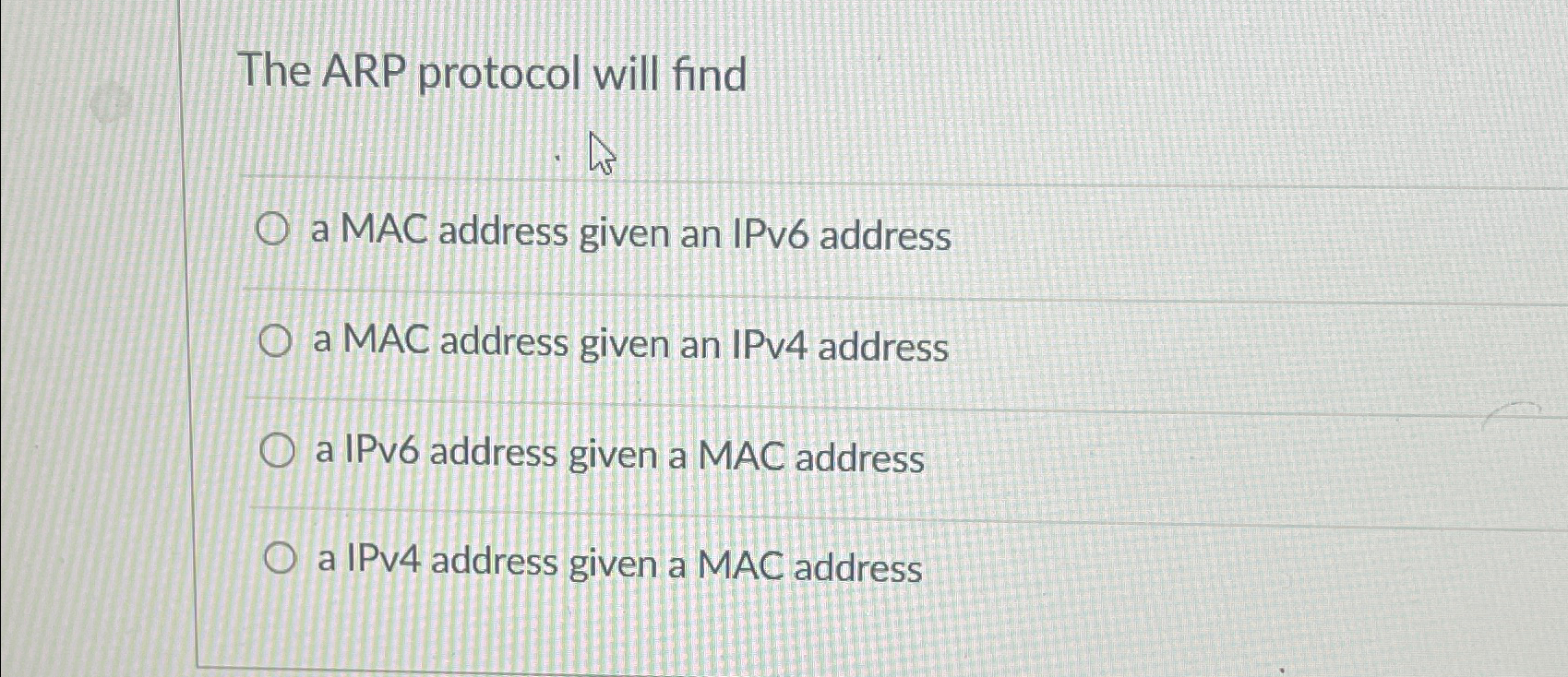 Solved The ARP protocol will finda MAC address given an IPv6 | Chegg.com