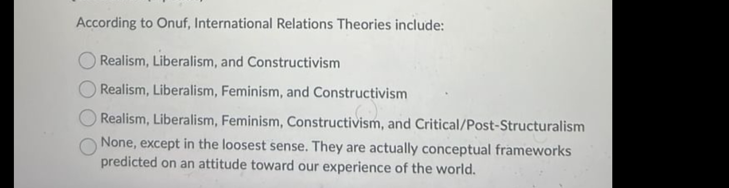 Solved According to Onuf, International Relations Theories | Chegg.com
