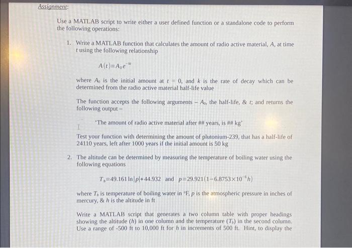 Solved Use a MATLAB script to write either a user defined | Chegg.com