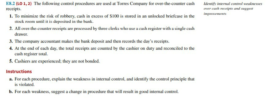 Identify internal control weaknesses over cash | Chegg.com