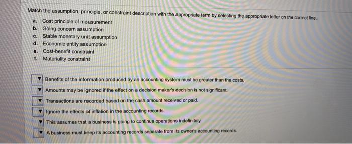 Solved Match the assumption, principle, or constraint | Chegg.com